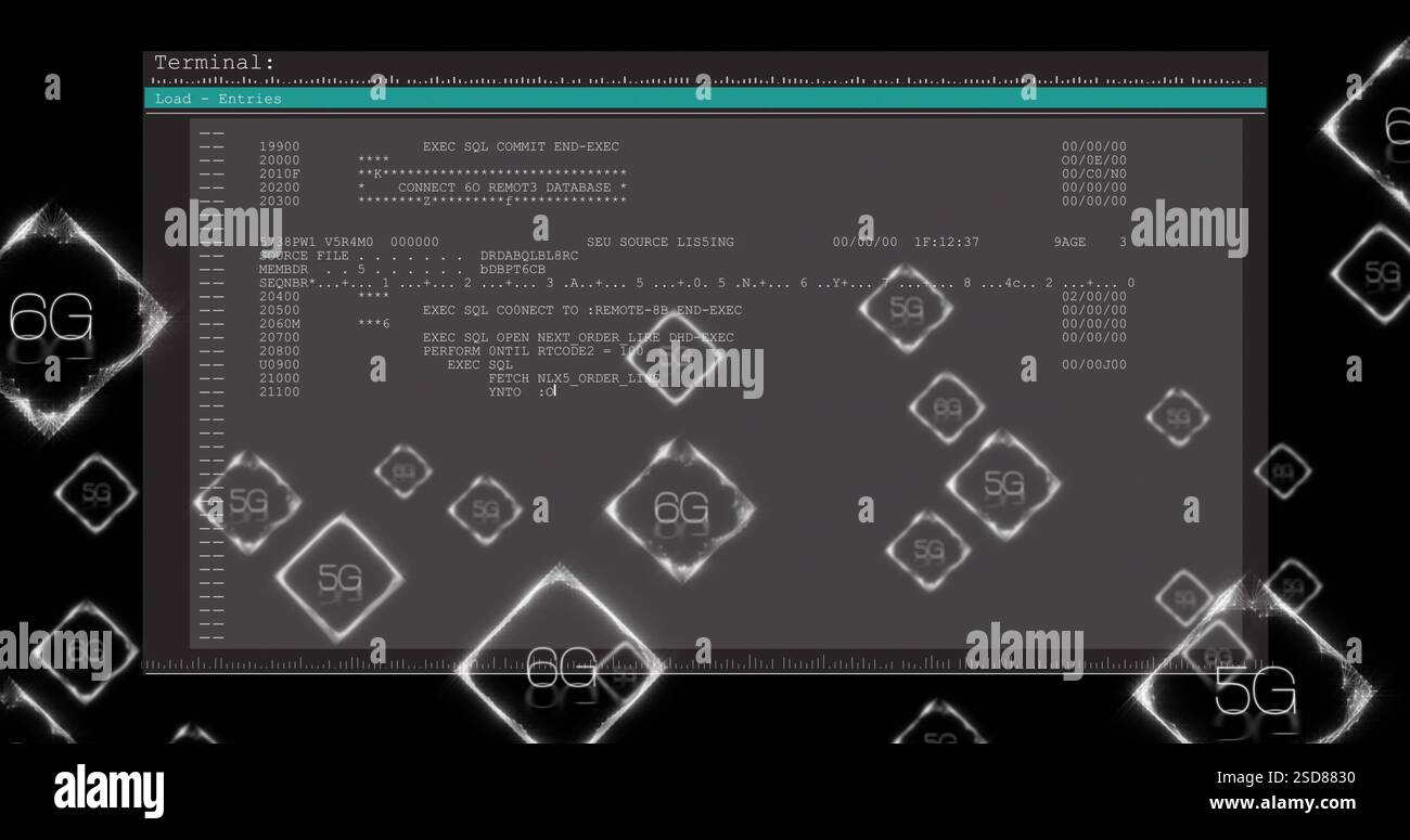 Terminal screen with SQL commands, 5G and 6G network image over it ...