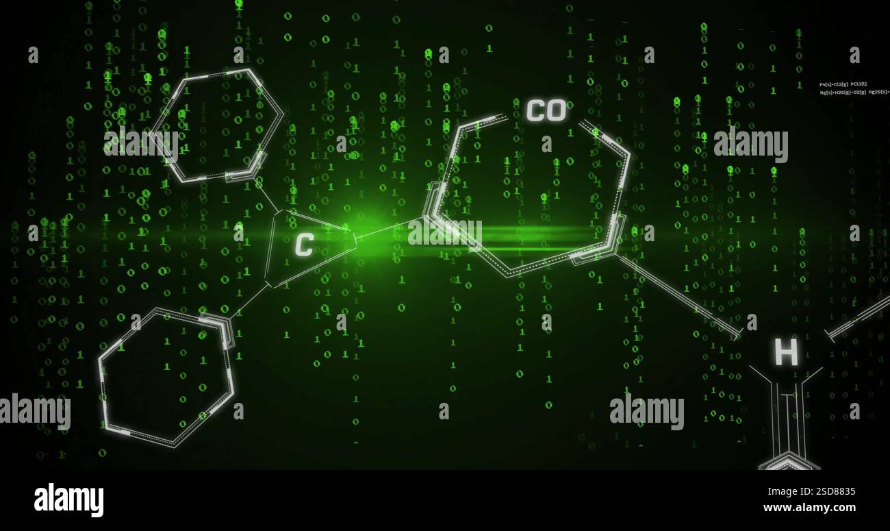 Chemical structure and binary code image over green background. Technology, digital, coding ...