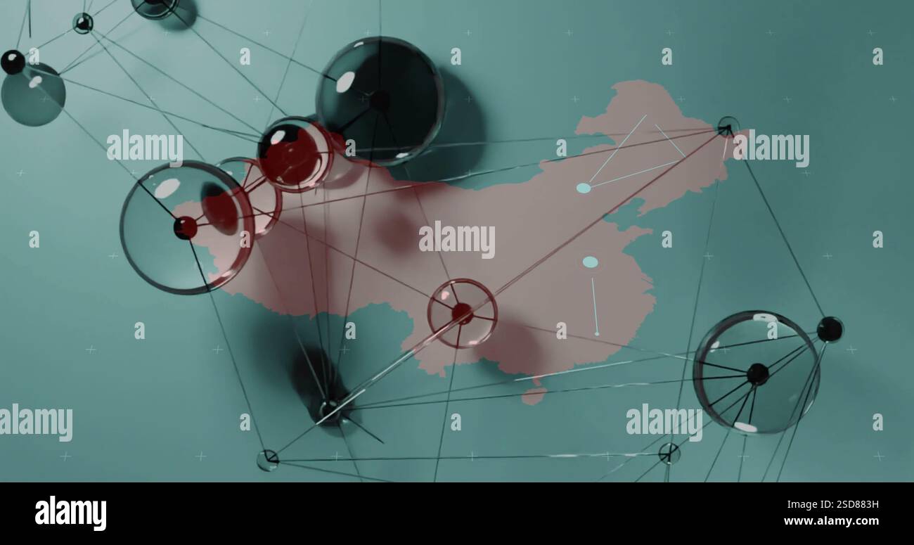 Network connections and data nodes image over map of China. Technology ...