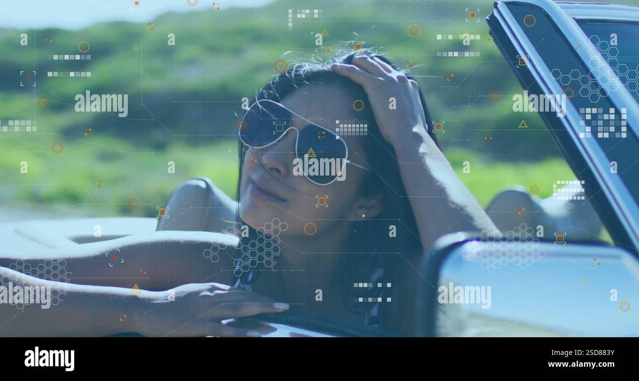 Leaning on car, woman in sunglasses with digital network and data ...