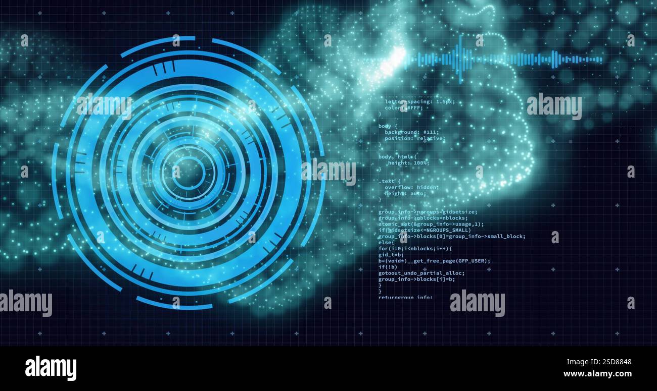Futuristic digital interface with rotating circles and code image over grid background Stock ...