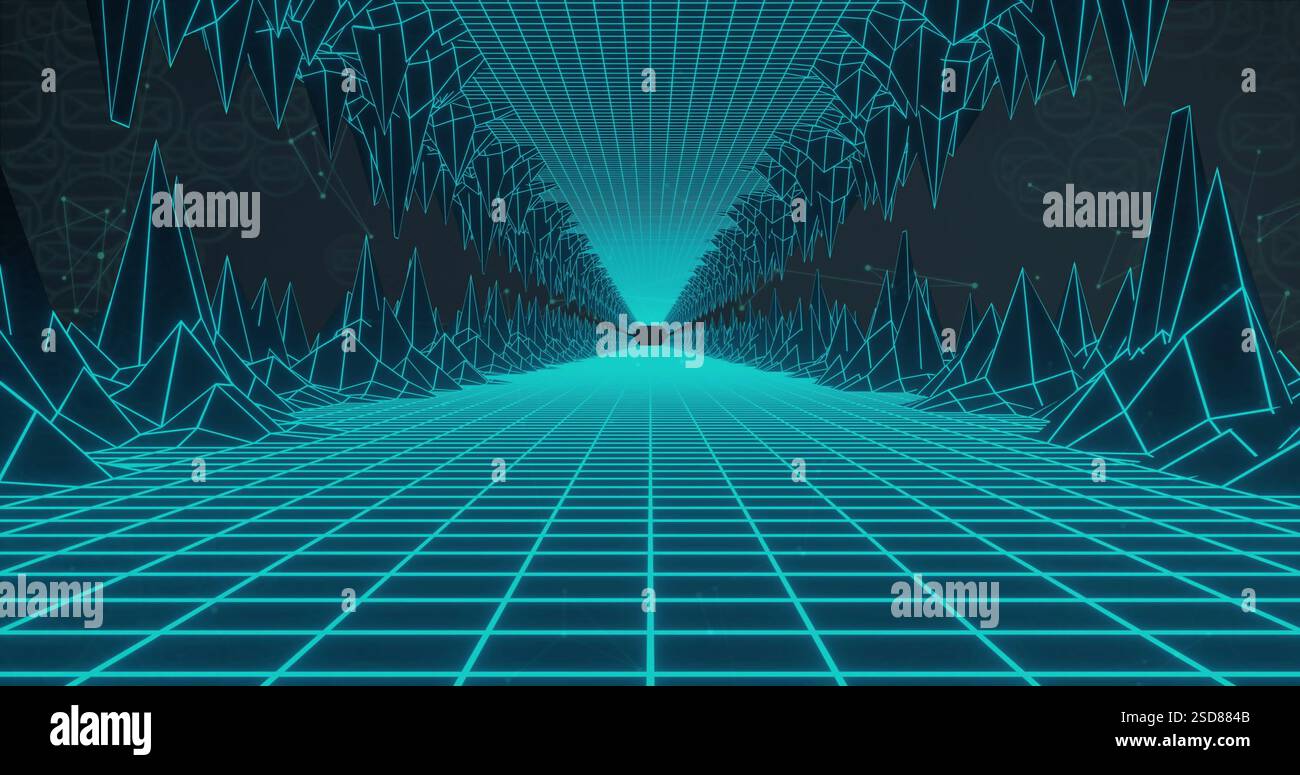 Futuristic grid tunnel with geometric shapes, digital landscape image ...