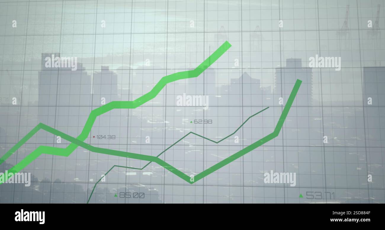 Rising green line graph image over cityscape background with grid lines. Growth, success ...