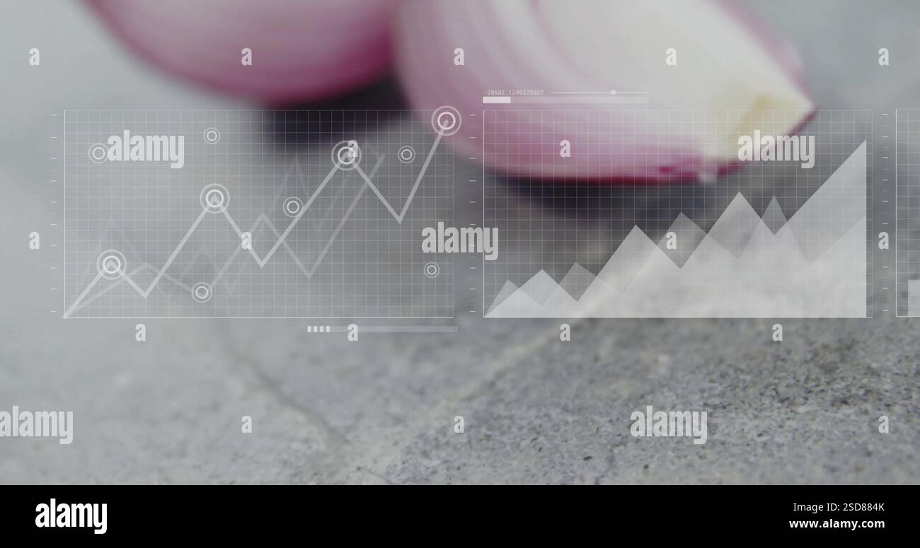 Graph and bar chart image over close-up of sliced red onions Stock ...