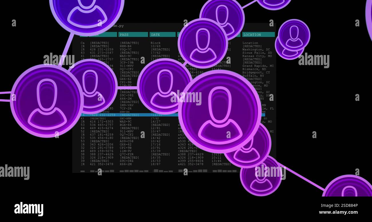 Network of user icons image over computer code and data table ...