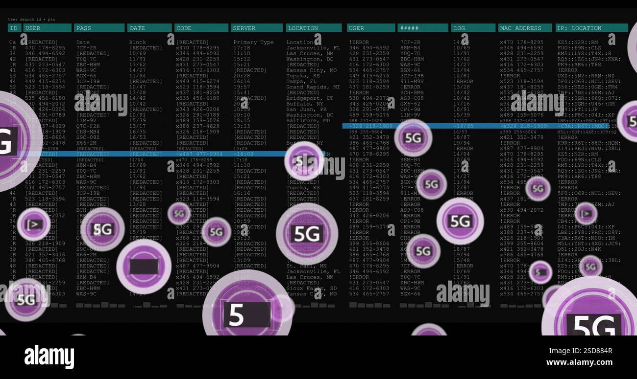 5G symbols image over data tables with codes and locations Stock Photo ...