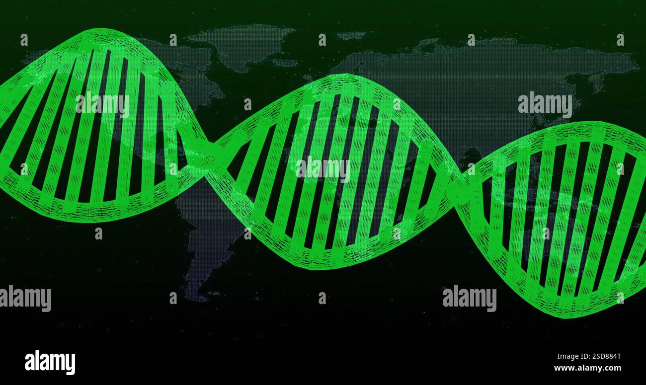 Green DNA strand image over world map background Stock Photo - Alamy