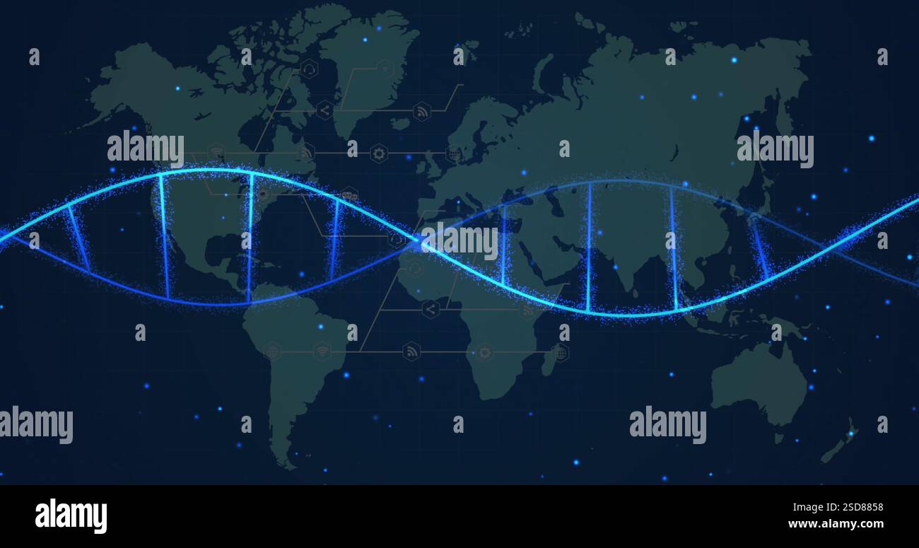 DNA strand image over world map with data points. Genetics ...