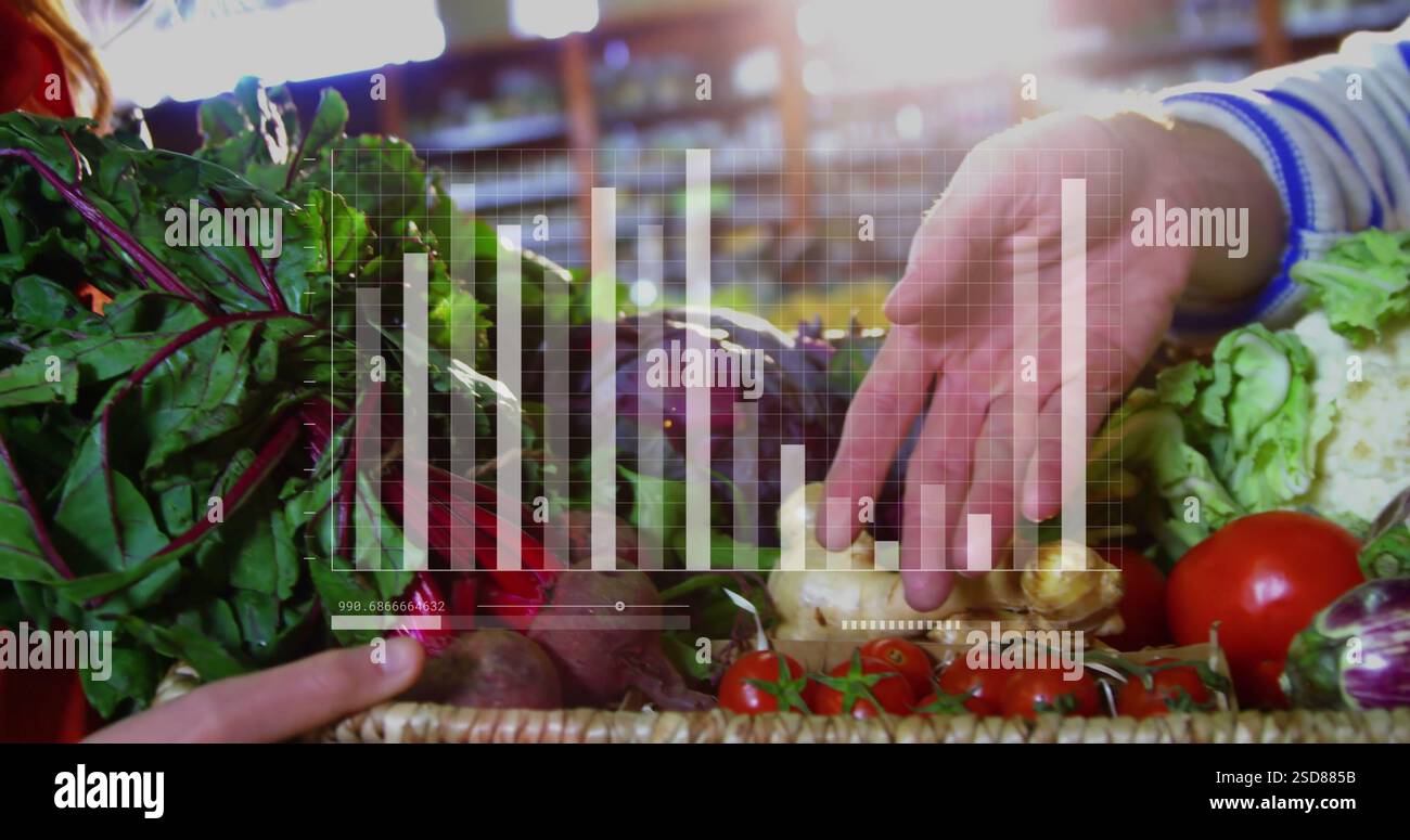 Hands picking vegetables from basket, bar chart image over produce ...