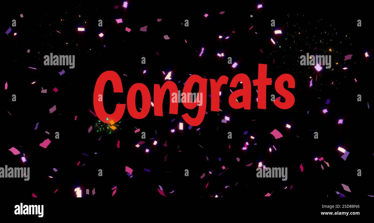 Image of congrats text in red and falling confetti on black background ...