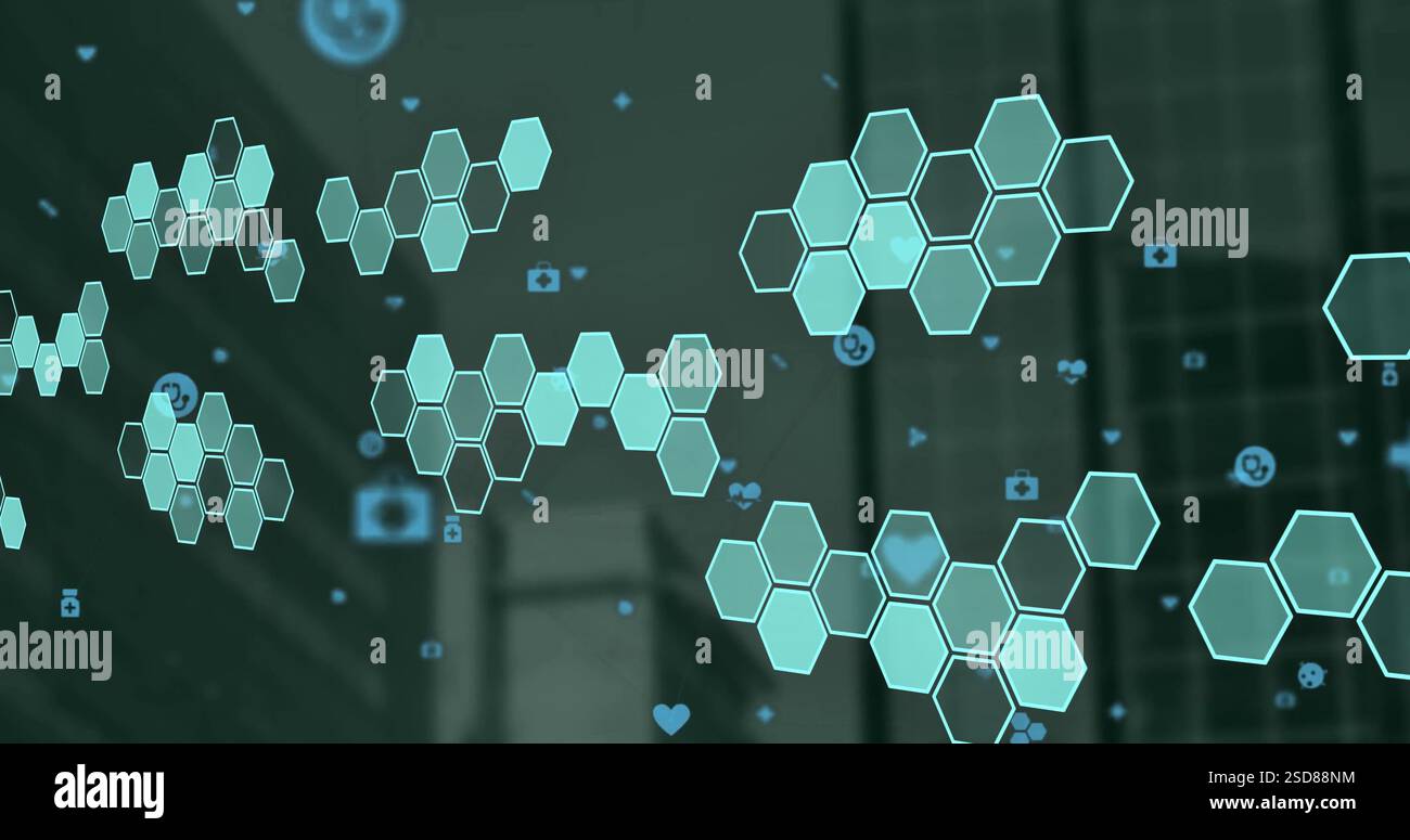 Image of element diagrams over medical icons and networks. Digital ...