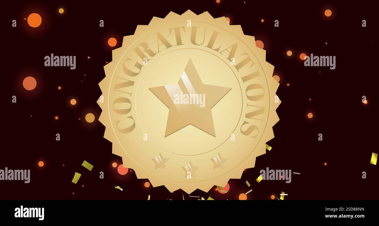 Image of congratulations text and star on gold medal over confetti and ...