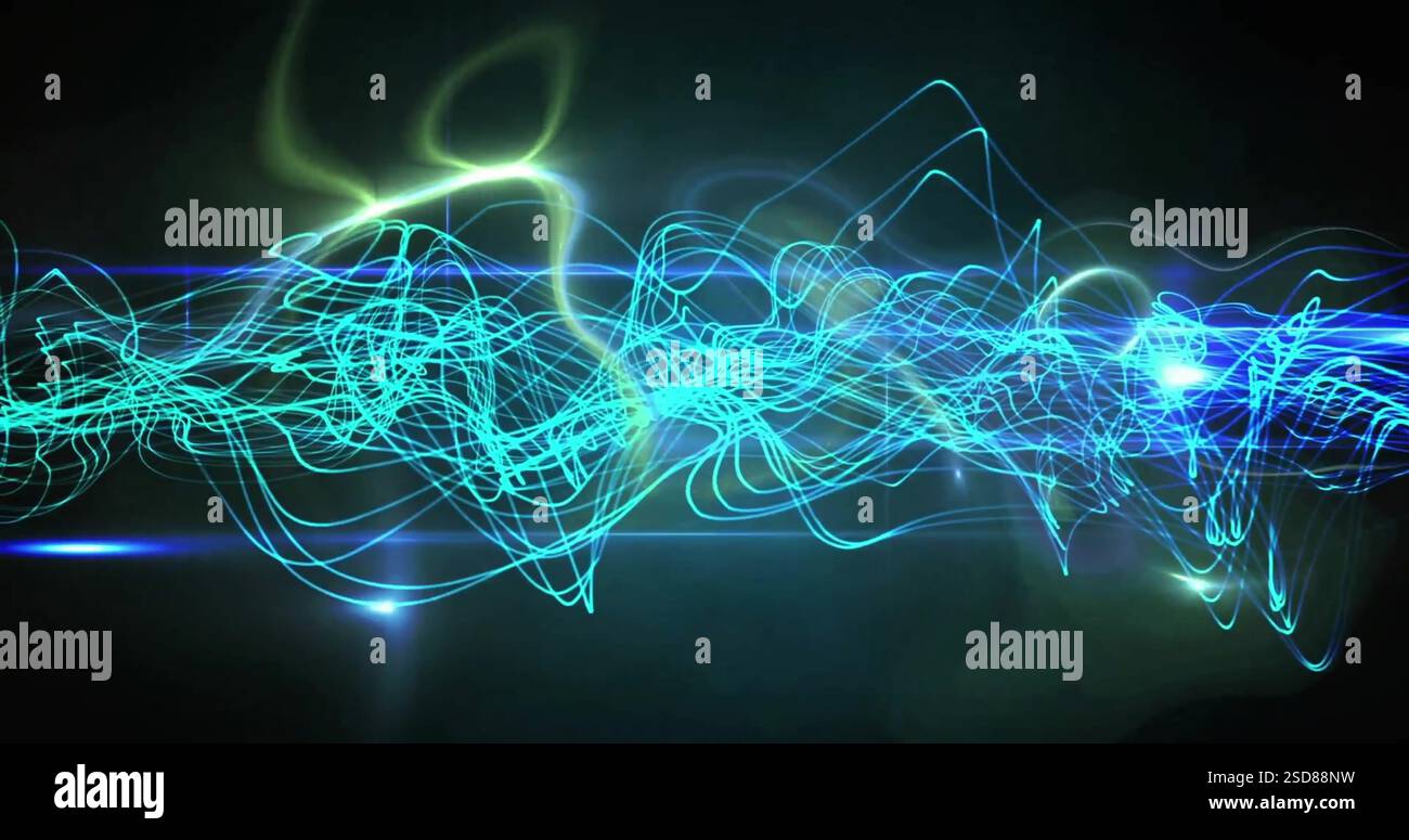 Image of glowing blue network wave over lights on dark background ...