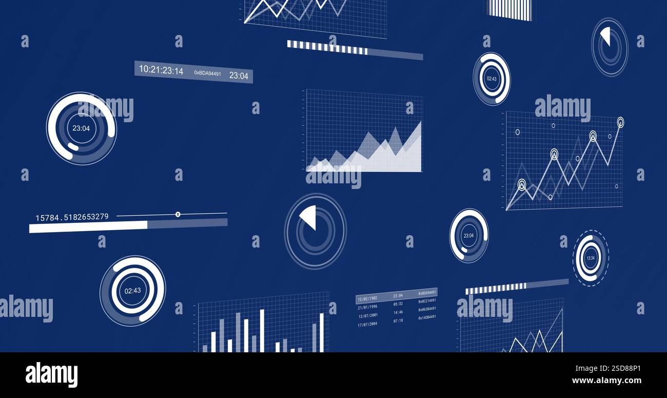Image of scanners and charts processing data on dark blue background ...
