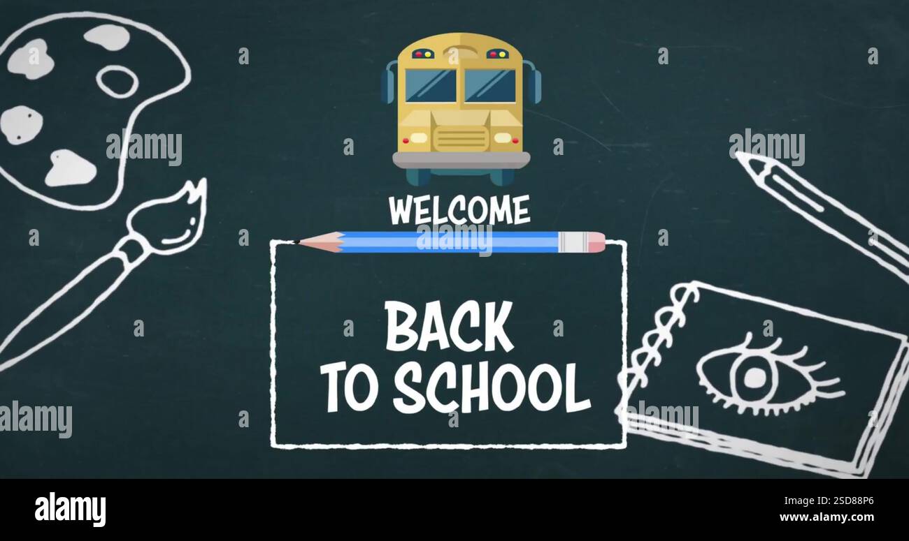 Image of welcome back to school text, yellow school bus and school ...