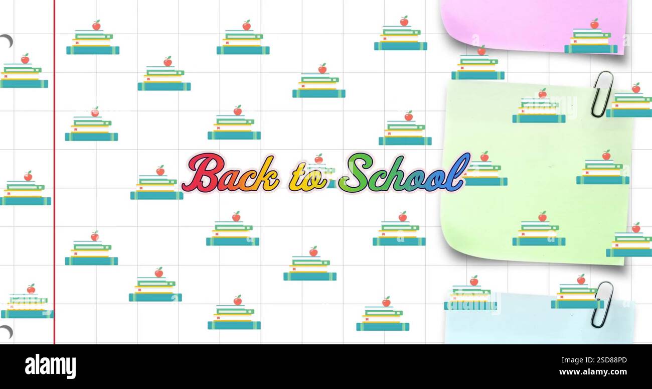 Image of back to school text, schoolbooks and pencils over memo notes ...