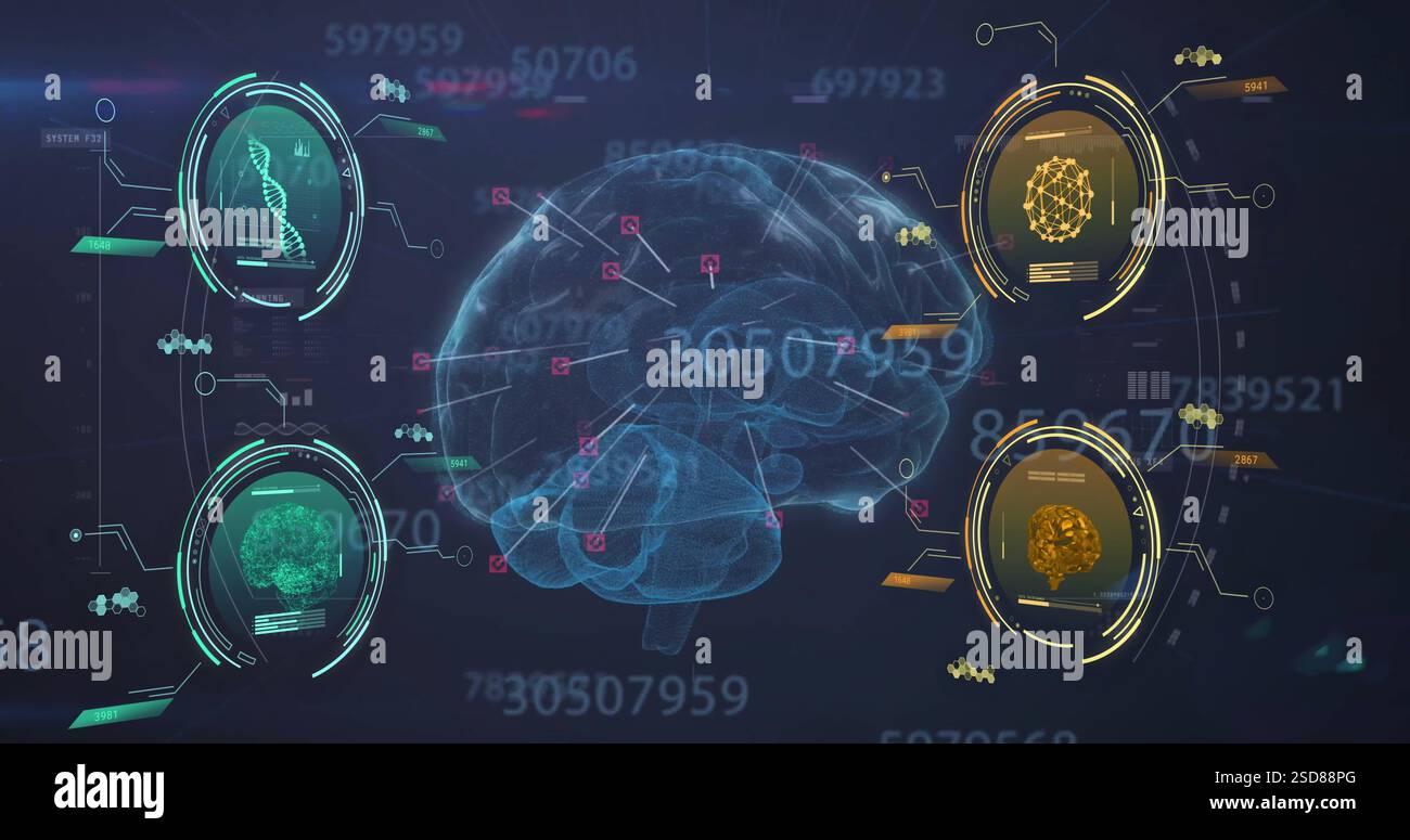 Image of brain and four scanners with dna, brain and networks over processing data Stock Photo ...