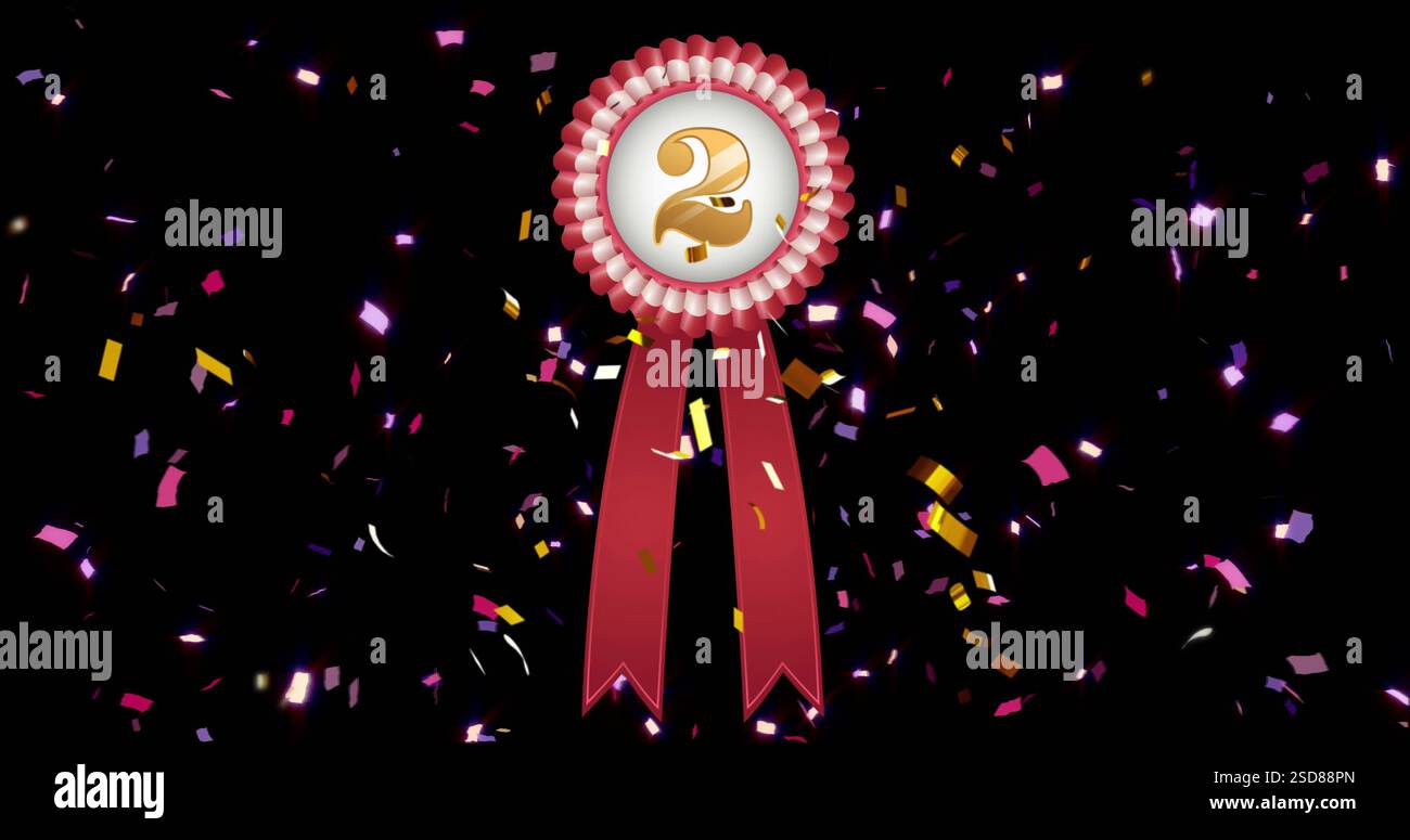 Image of red and white rosette with number 2 and falling confetti on ...