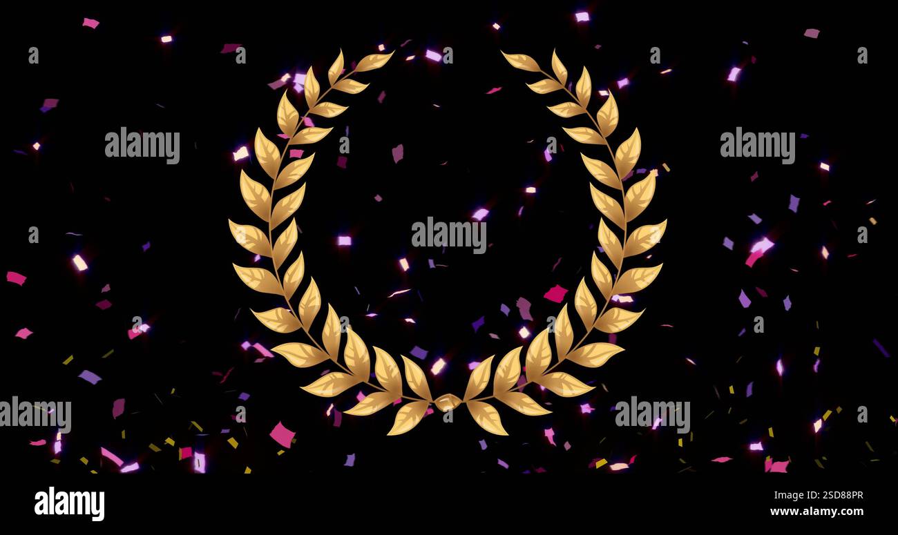Image of gold laurel wreath and falling confetti on black background ...