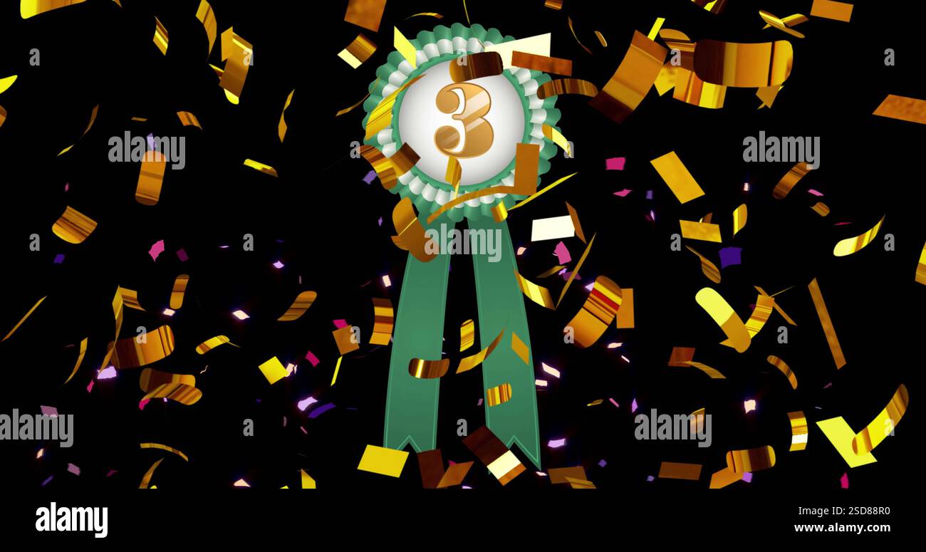 Image of green and white rosette with number 3 and falling gold ...