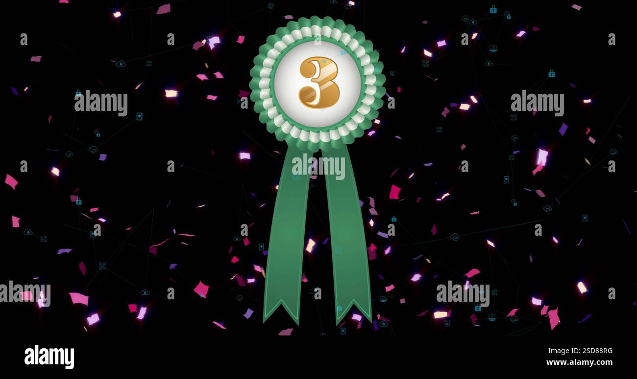 Image of green and white rosette with number 3 and falling confetti on ...