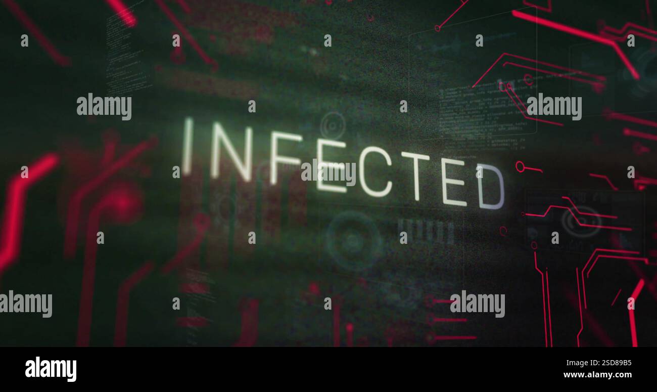 Image of flashing infected text and motherboard network over data ...