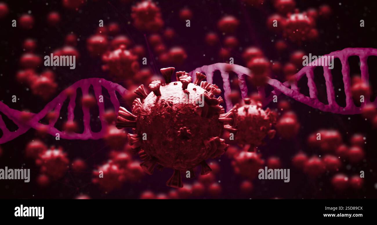 Image of virus cells and dna strand over black background Stock Photo ...
