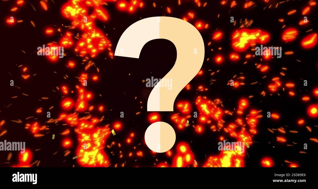 Image of confetti and light spots over question mark on black ...