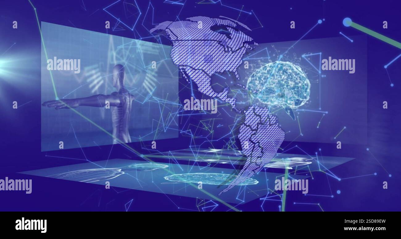 Image of human brain, connections with icons and digital data ...