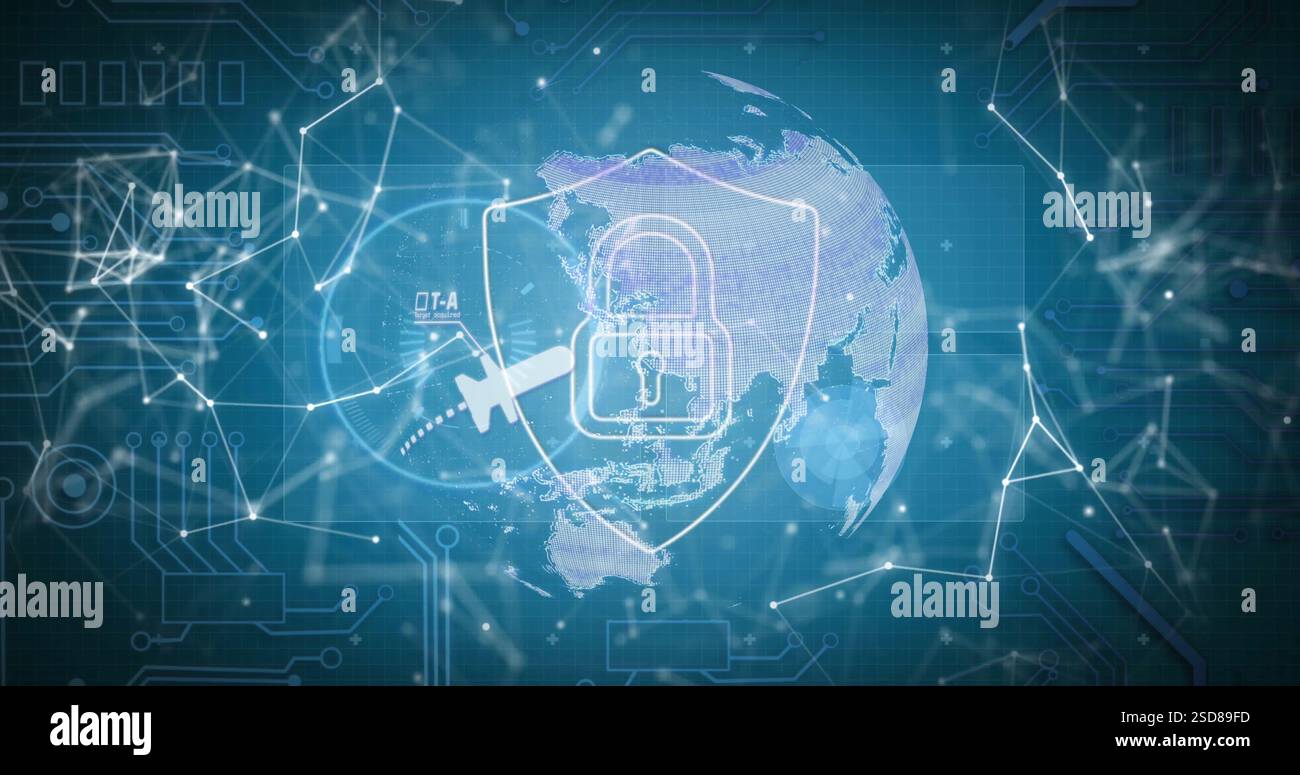 Image of padlock, connections with icons and digital data processing ...