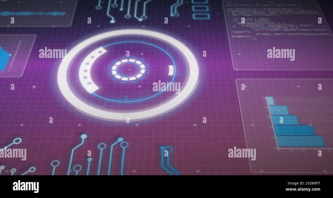 Image of circular scanner, light and charts processing data on dark ...