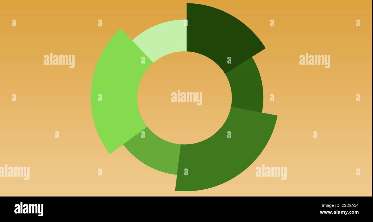 Image of pie chart statistics and digital data processing over orange background. Global ...
