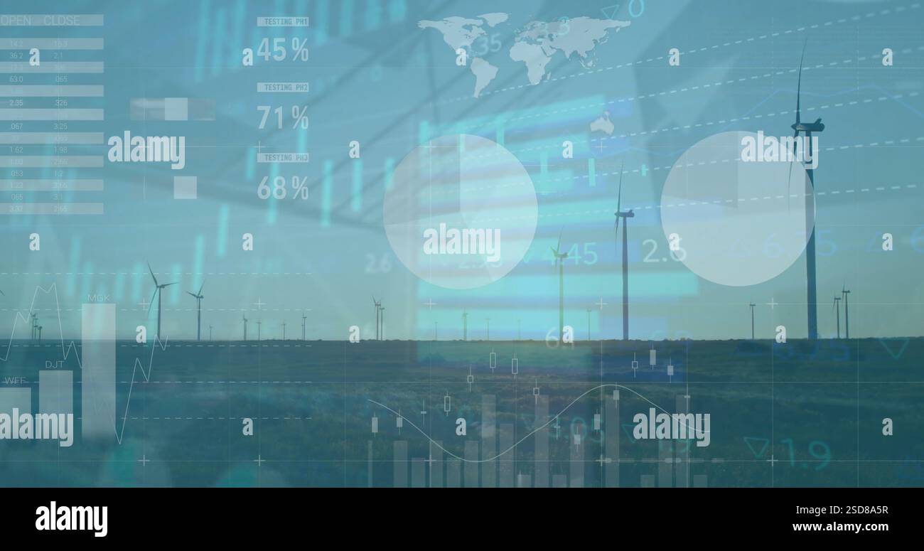 Image of financial data processing over wind turbines Stock Photo - Alamy