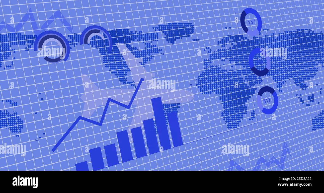 Image of diagrams and data processing over world map and plane Stock ...