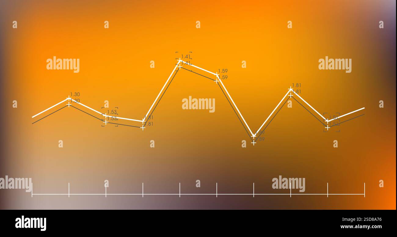 Image of statistics and digital data processing over orange background ...