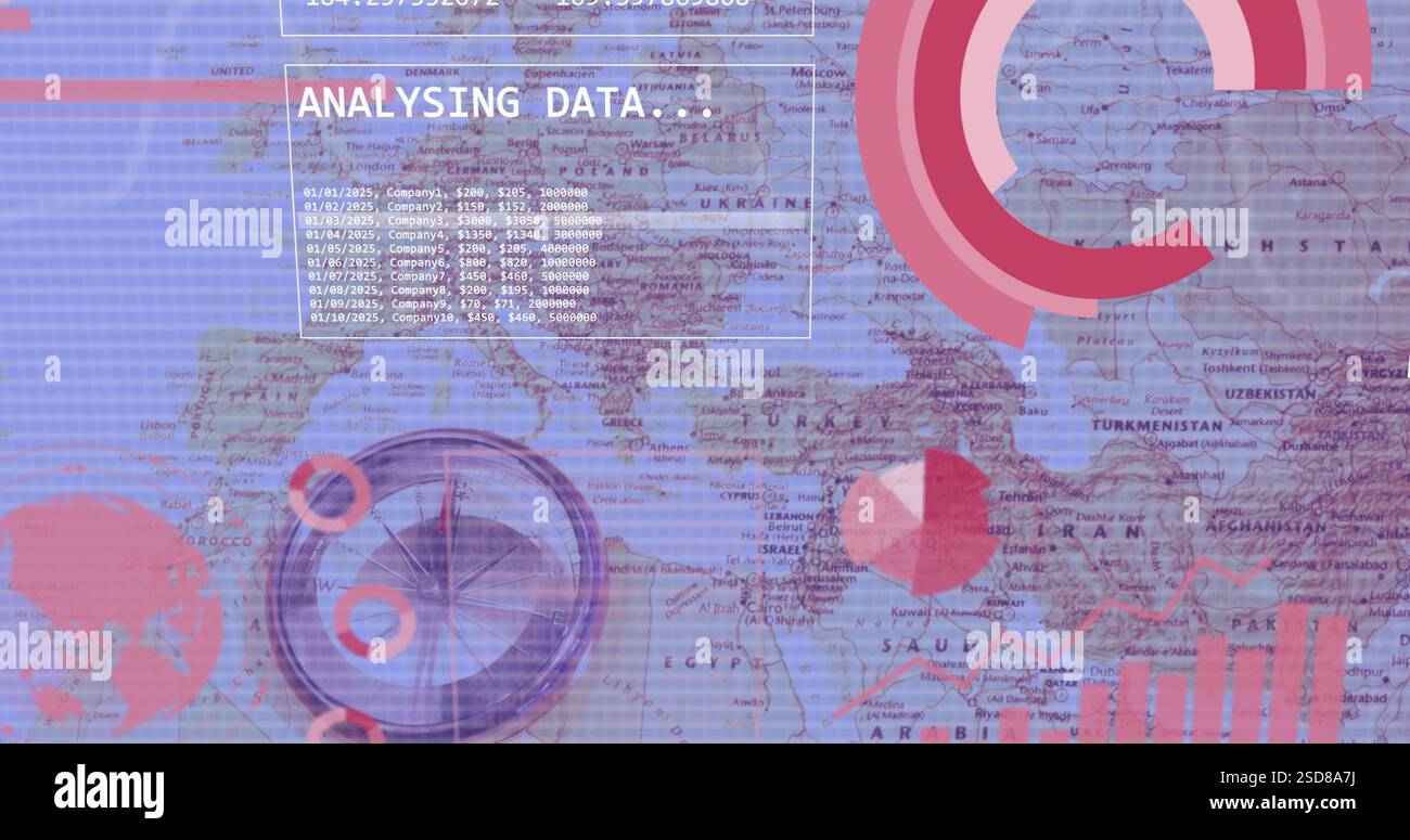 Image of diagrams and data processing over world map and compass Stock Photo - Alamy