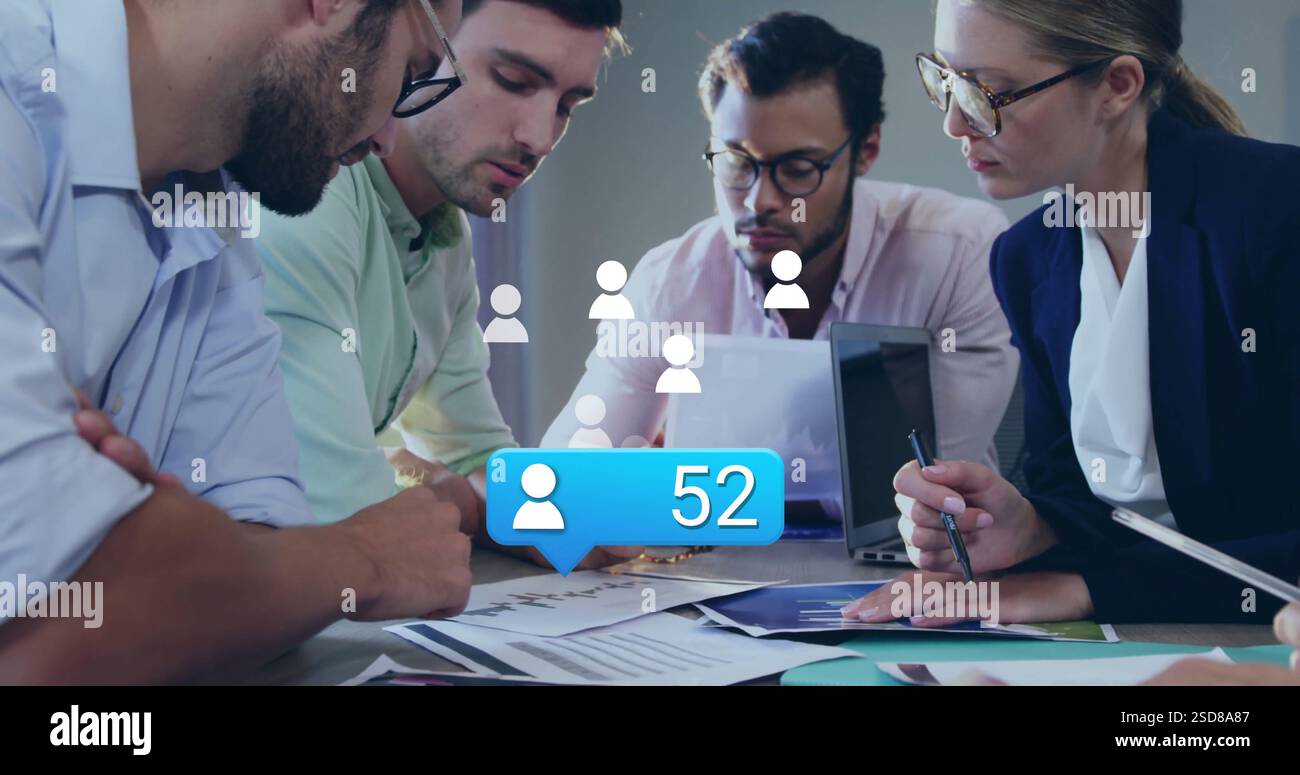 Image of social media icons with number over diverse colleagues having ...