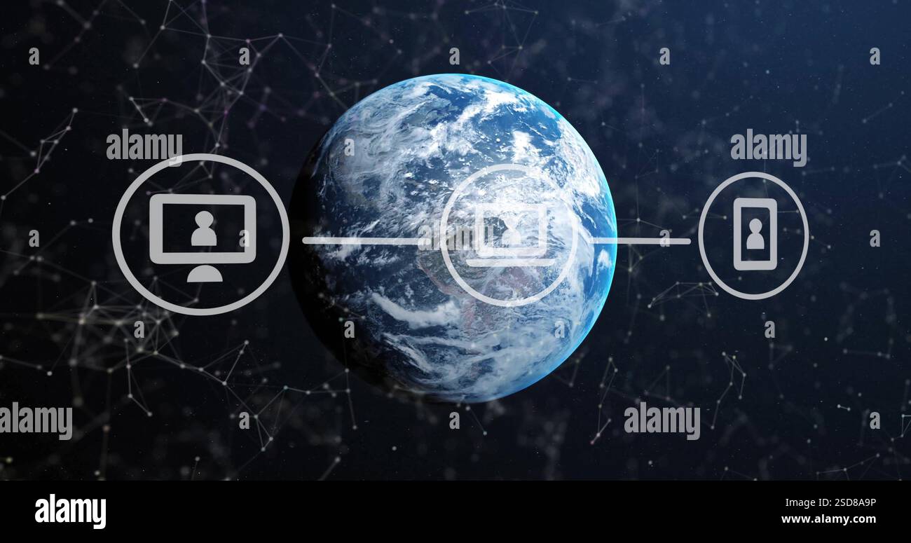 Image of network of connections with digital icons over globe Stock ...