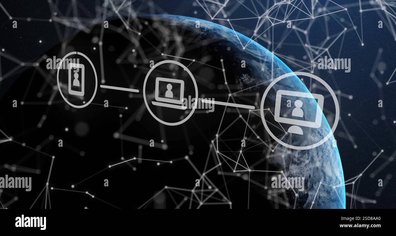 Image of network of connections with digital icons over globe Stock ...