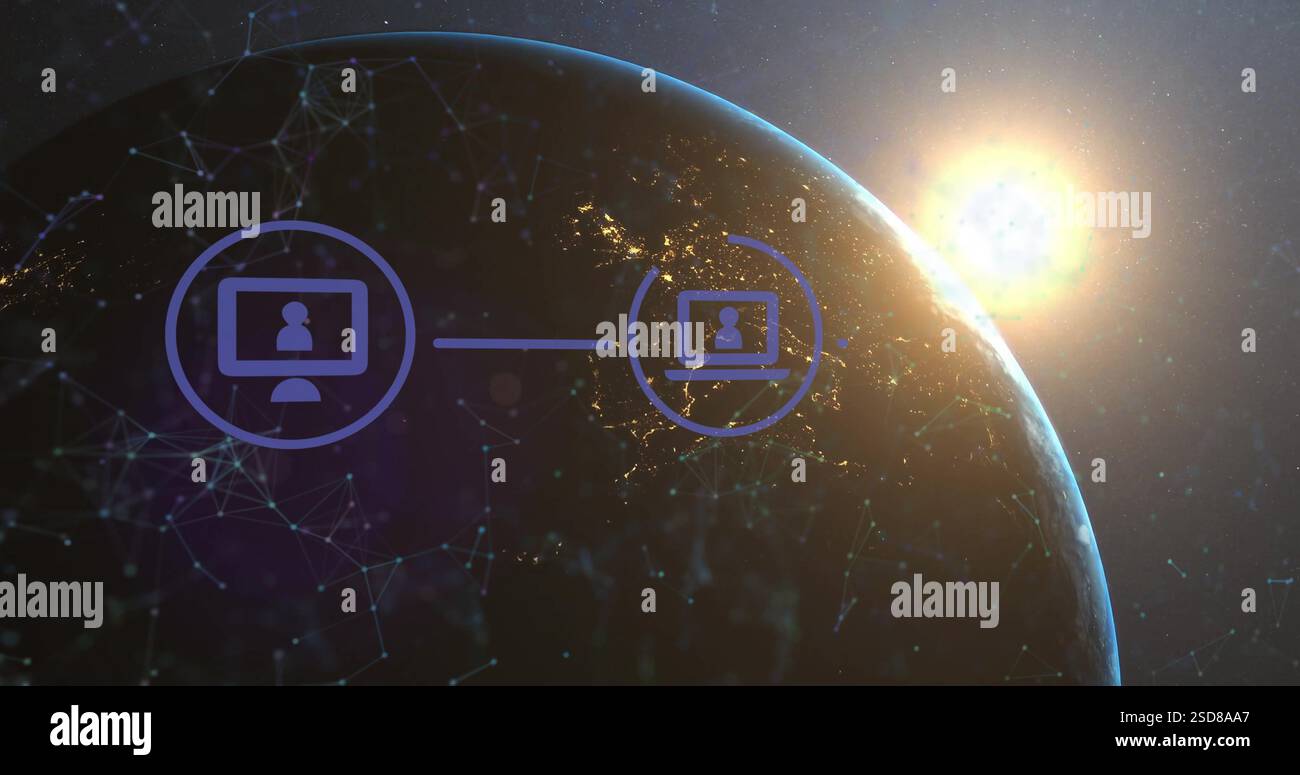 Image of network of connections with digital icons over globe Stock ...