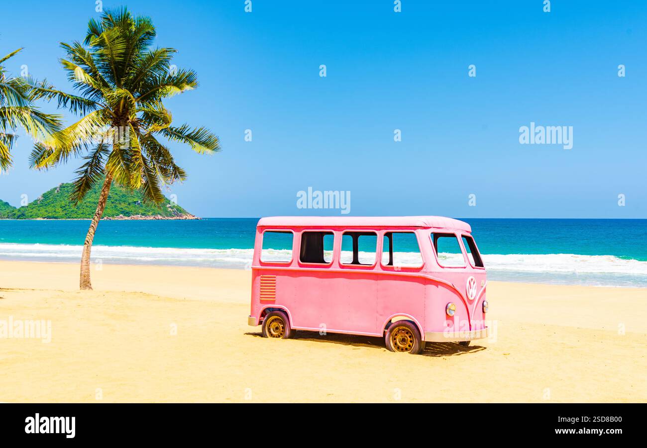 Pink Vintage Van on a Tropical Beach with Palm Trees and Blue Ocean ...