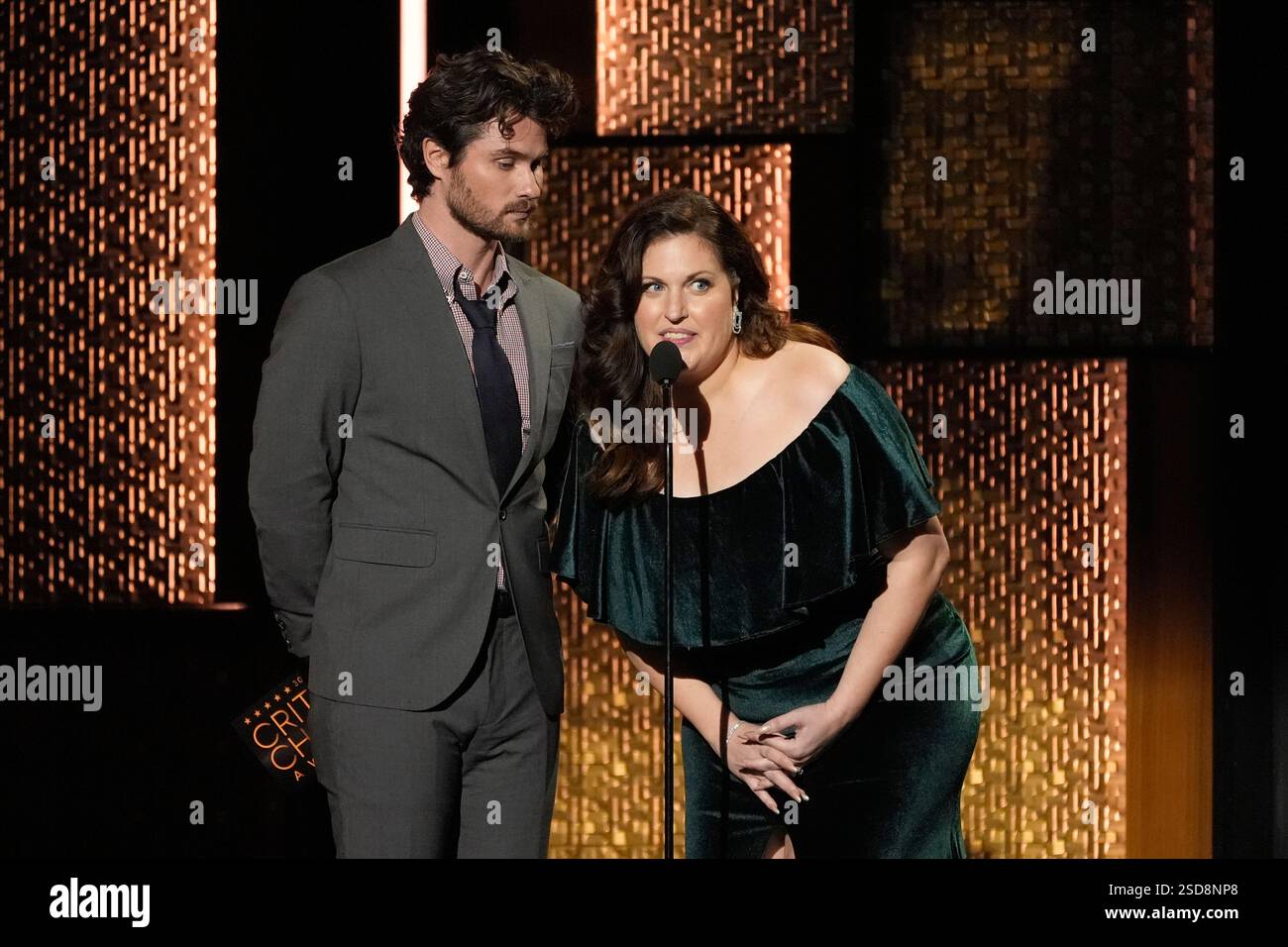 Chase Stokes, left, and Allison Tolman present the award for best ...