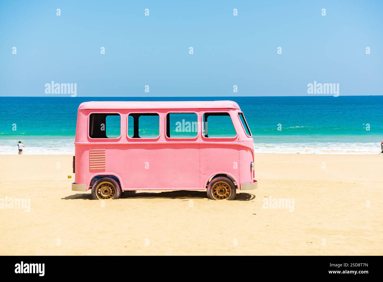Pink Vintage Van on a Tropical Beach with Palm Trees and Blue Ocean ...