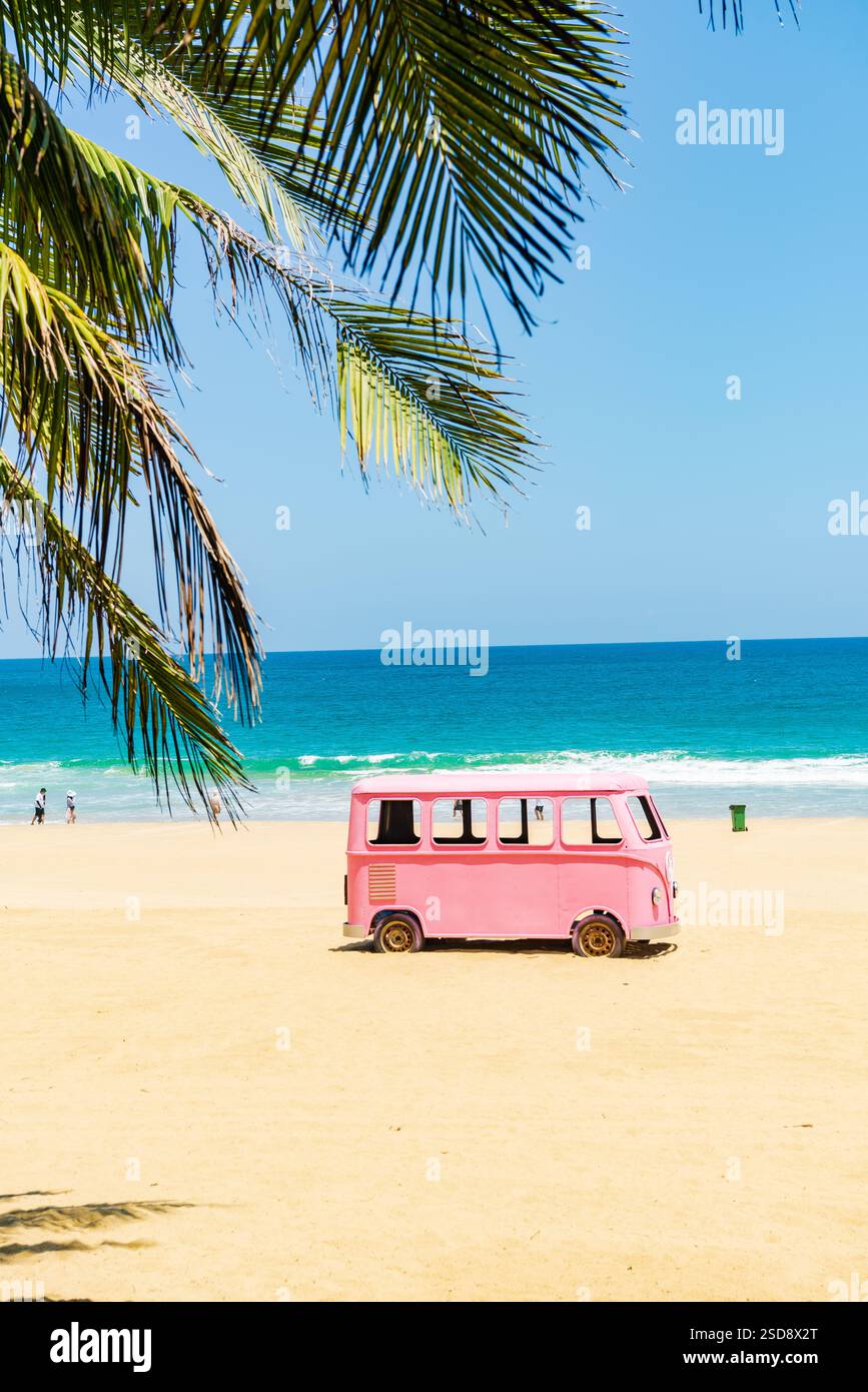 Pink Vintage Van on a Tropical Beach with Palm Trees and Blue Ocean ...