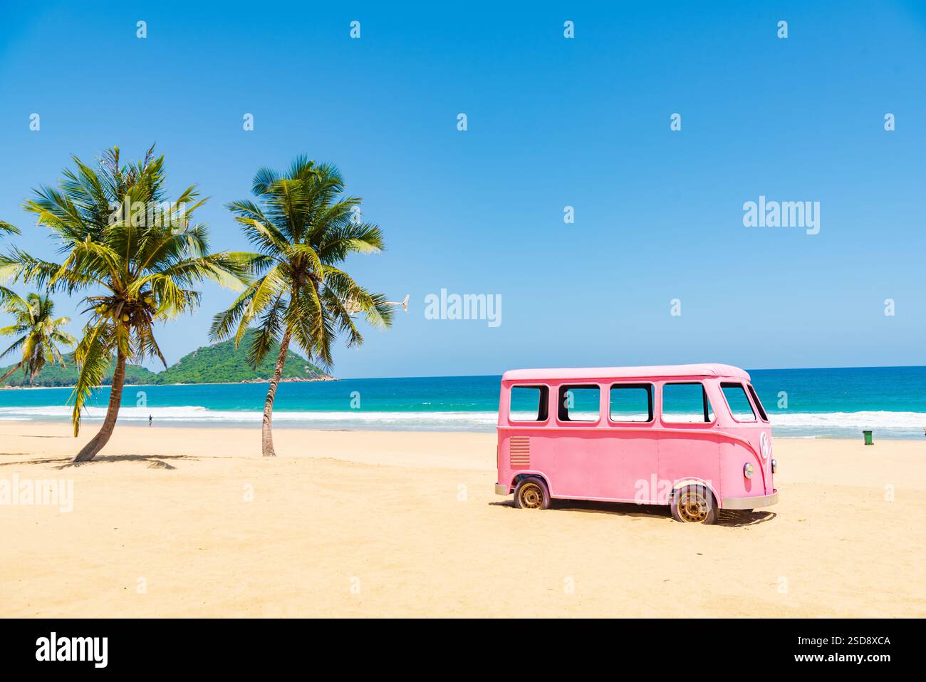 Pink Vintage Van on a Tropical Beach with Palm Trees and Blue Ocean ...