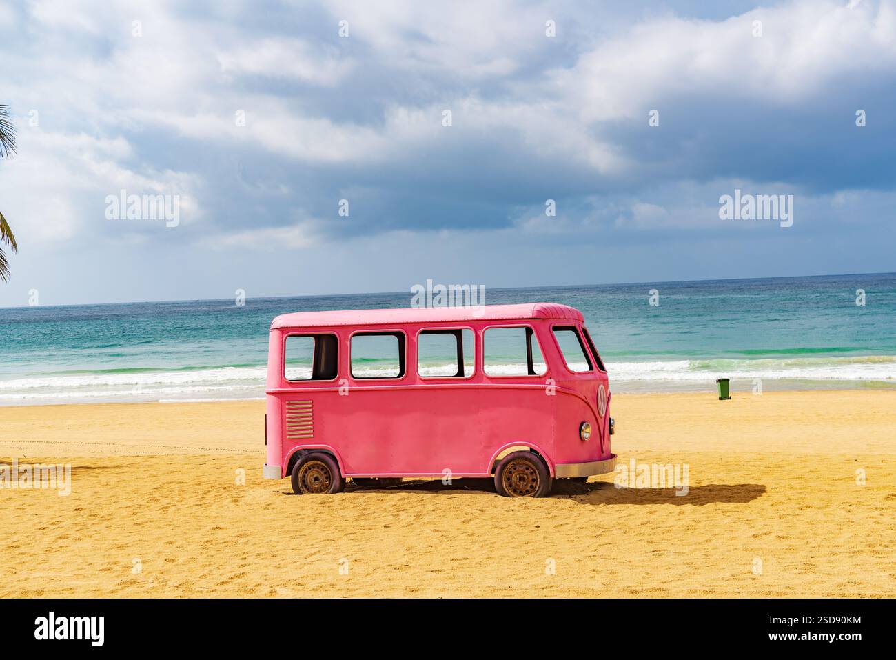 Pink Vintage Van on a Tropical Beach with Palm Trees and Blue Ocean ...