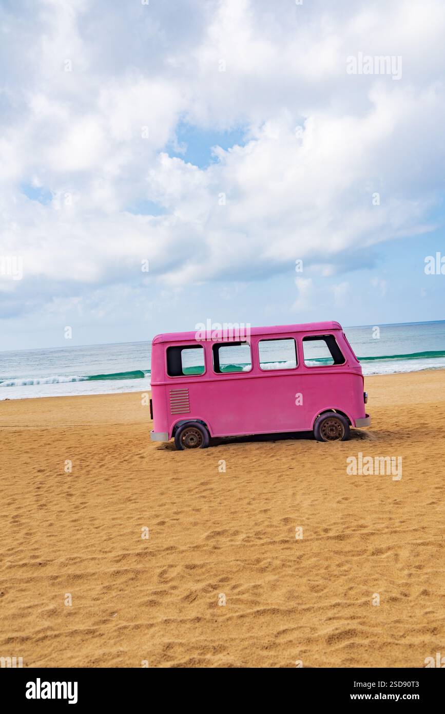 Pink Vintage Van on a Tropical Beach with Palm Trees and Blue Ocean ...