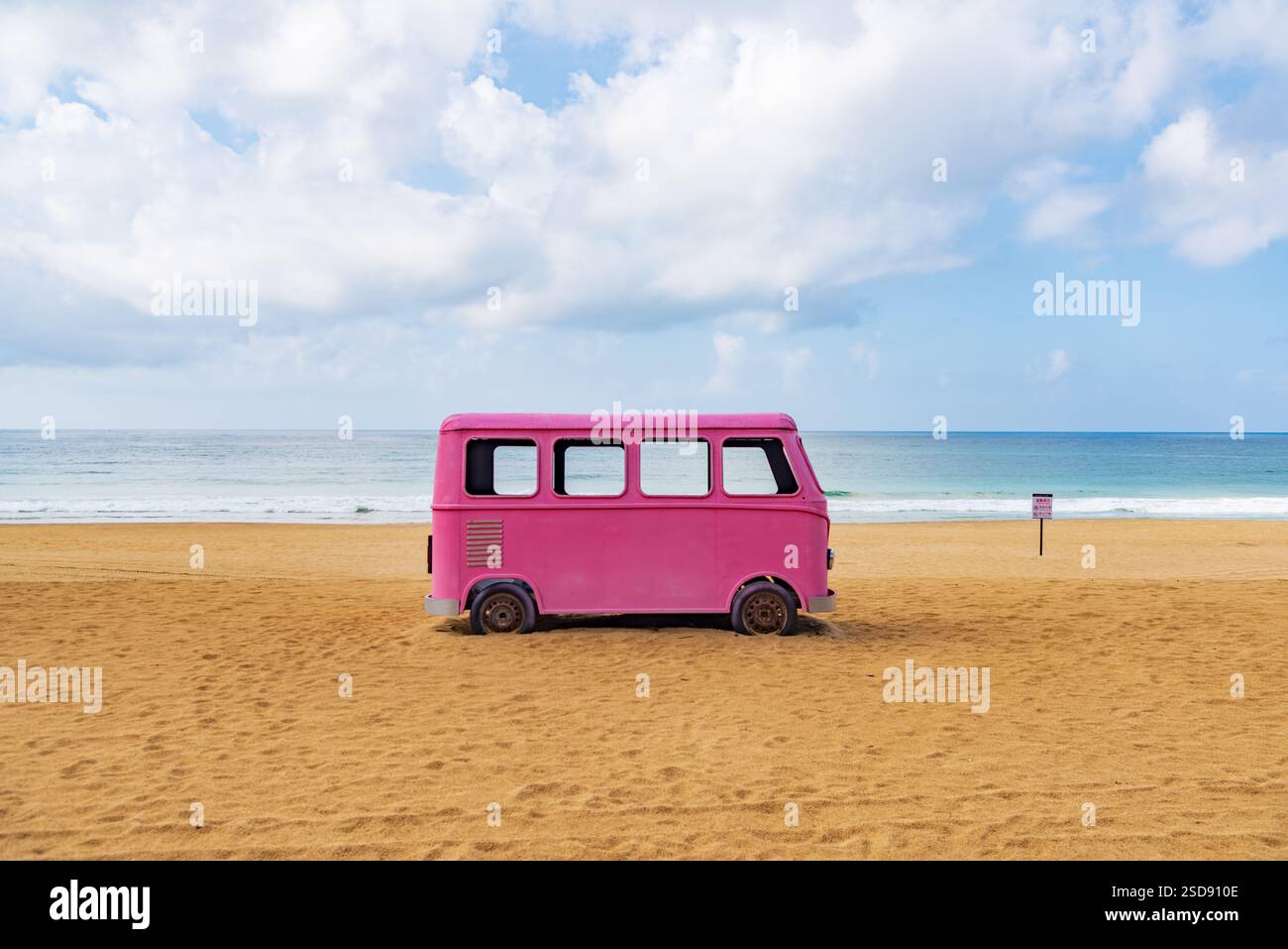 Pink Vintage Van on a Tropical Beach with Palm Trees and Blue Ocean ...
