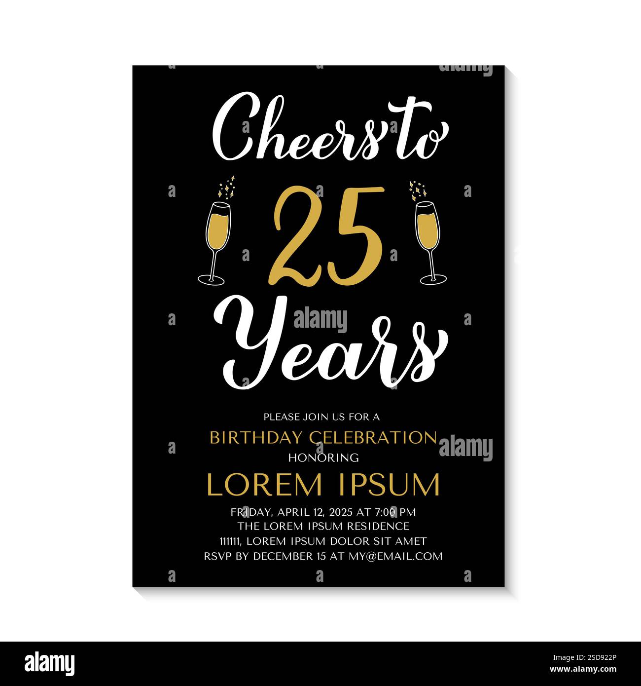 25th Birthday or Anniversary invitation card. Cheers to 25 years ...
