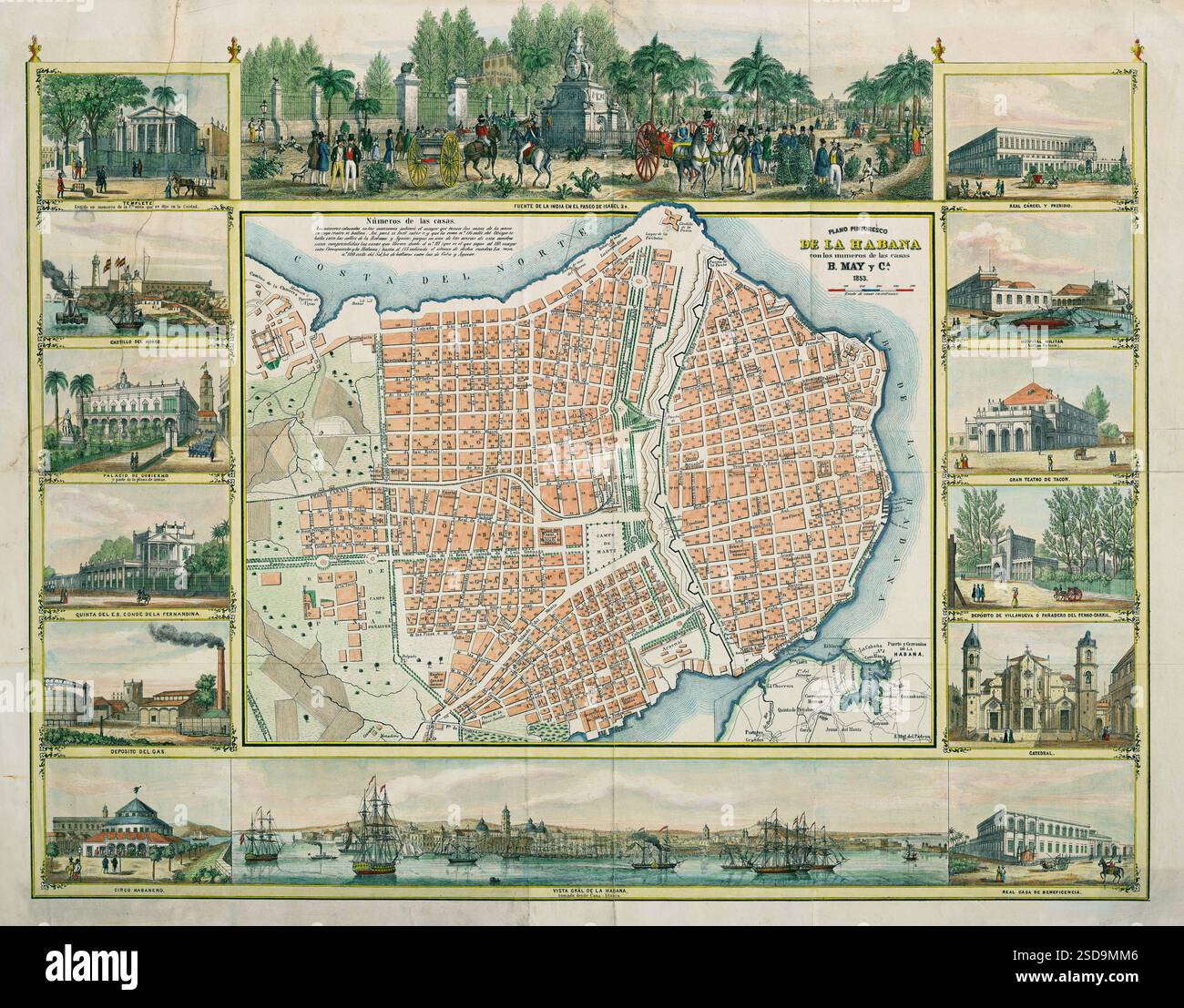 Vintage Pictorial Map of Havana Cuba, including border cartouches of ...